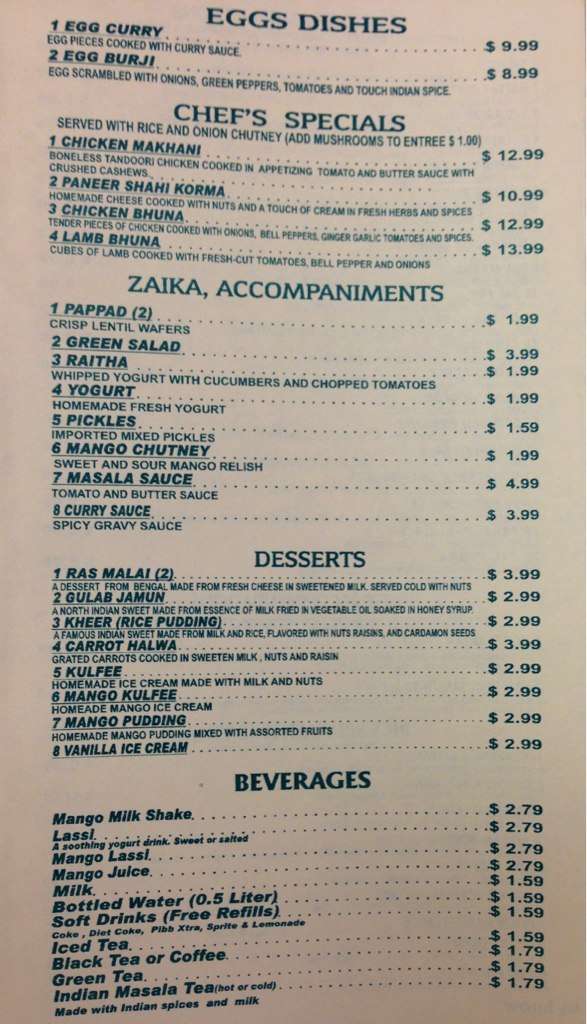 Menu at Delhi Palace Restaurant, Indianapolis, 901 Indiana Ave