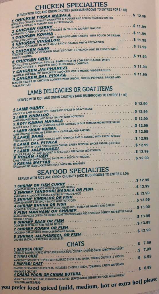 Menu at Delhi Palace Restaurant, Indianapolis, 901 Indiana Ave