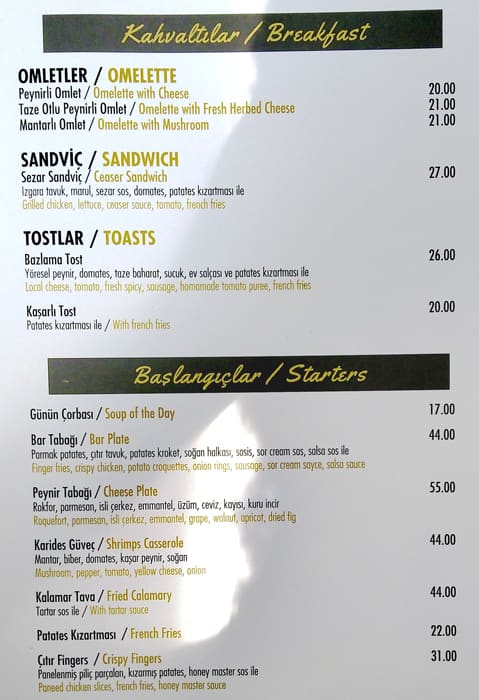 Menu at Sil Baştan Meyhane, Istanbul