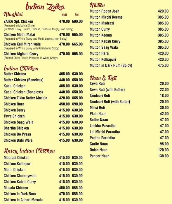 Menu at Zaika Restaurant, Panchkula, SCO-18