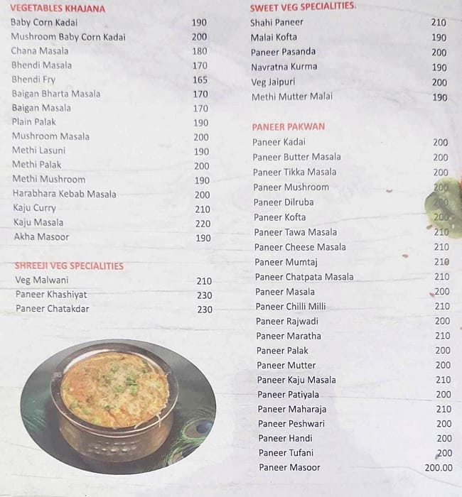 Menu at Shreeji Pure Veg - Bharti Vidyapeeth, Pune