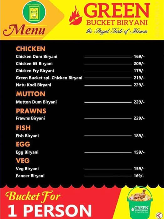 Menu of Green Bucket Biryani, Attapur, Hyderabad
