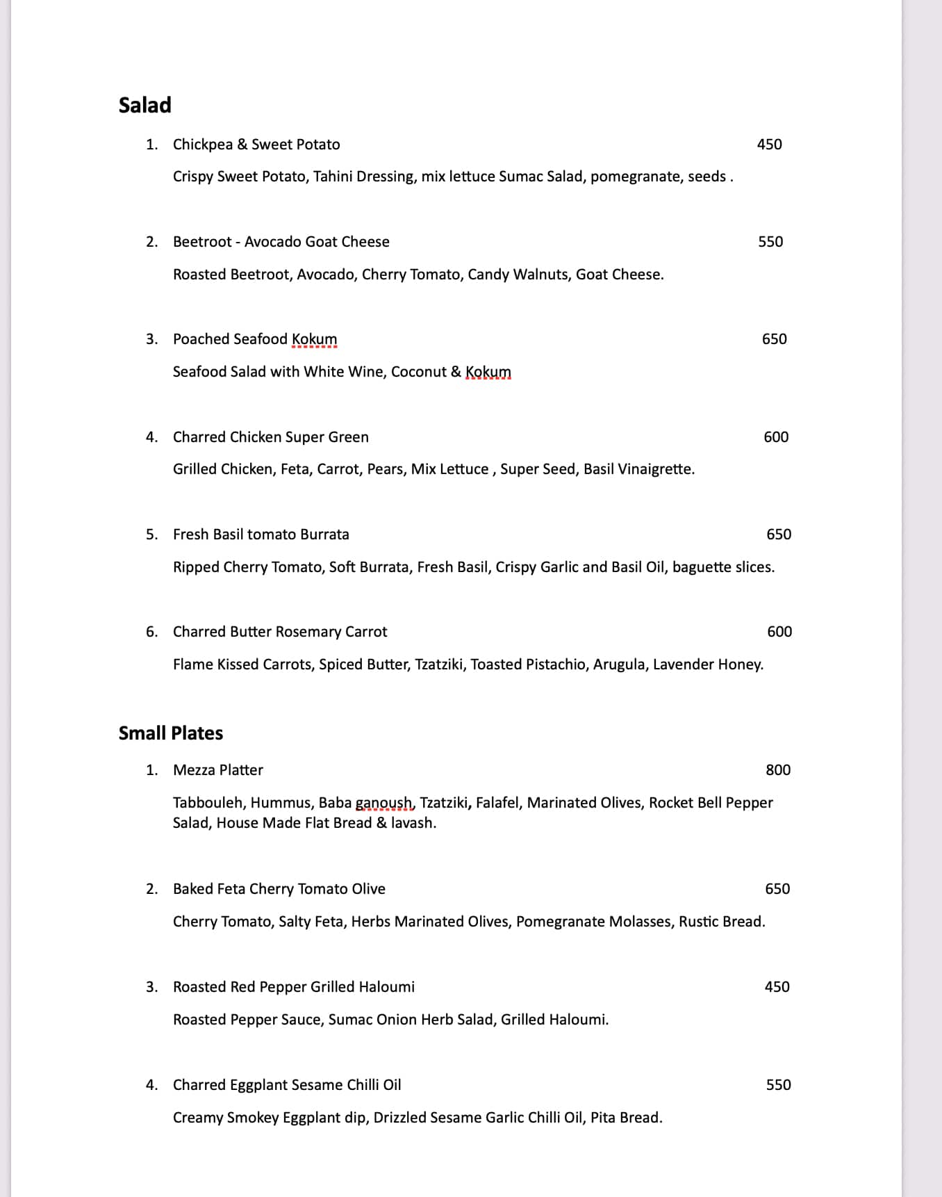 Menu of Sao By The Shore, Ashwem, Goa