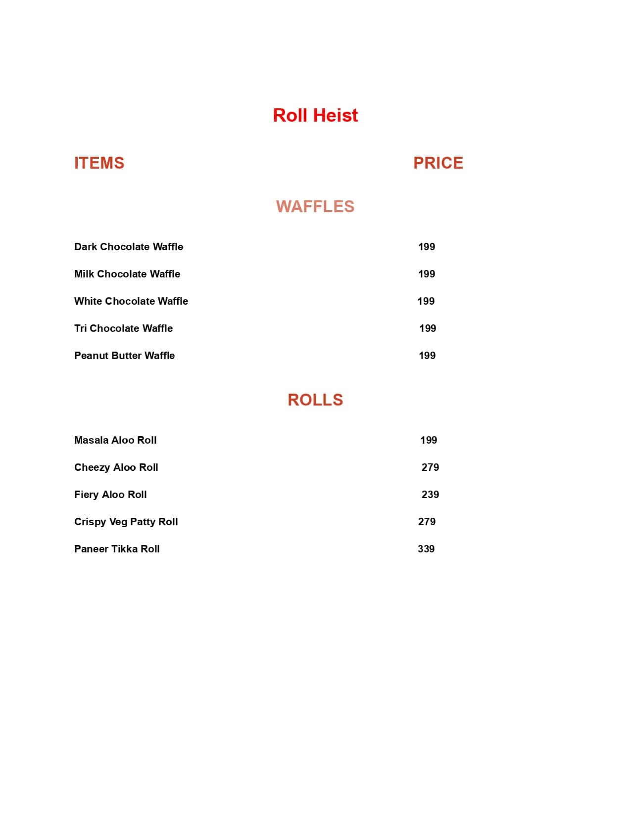 Menu of Roll Heist, Wagholi, Pune