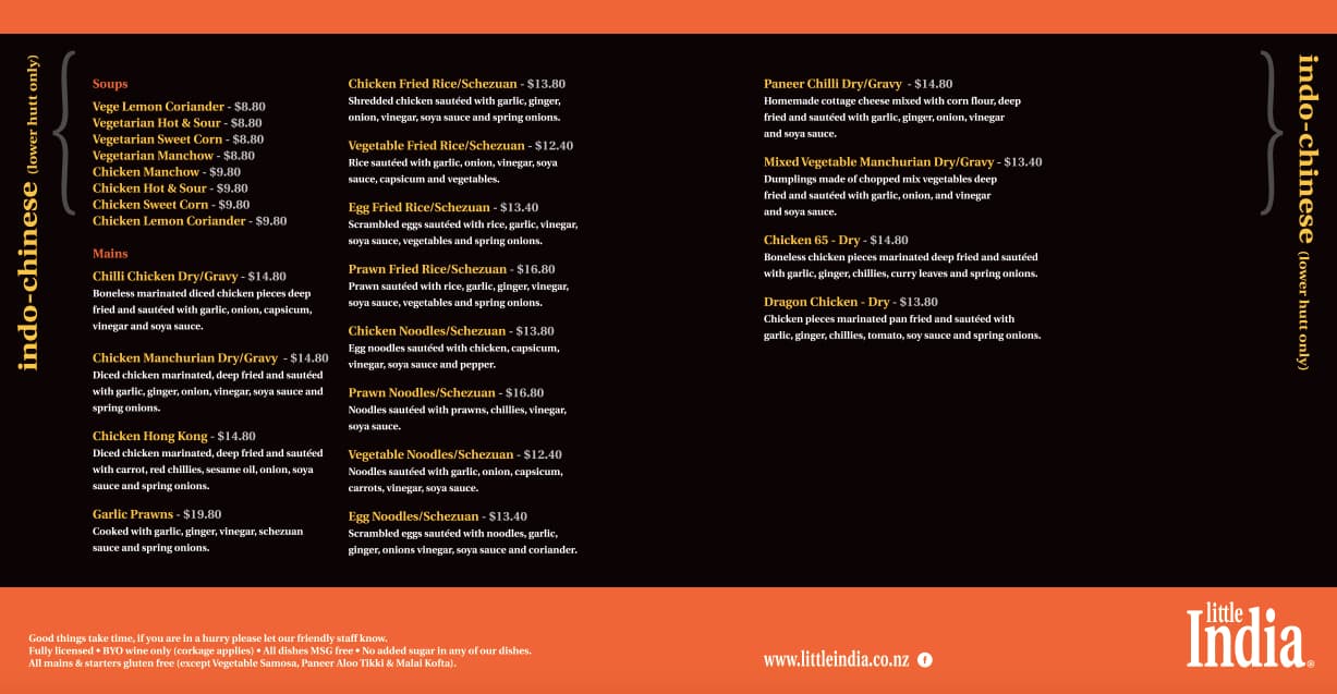 Menu at Little India restaurant, Upper Hutt, The Mall Logan street