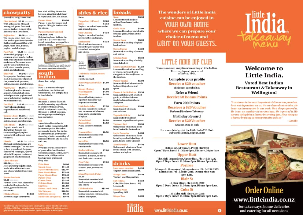 Menu at Little India restaurant, Upper Hutt, The Mall