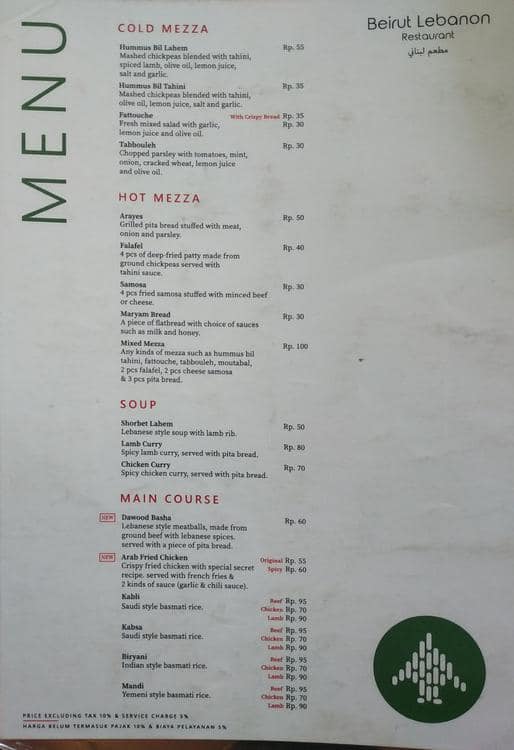Carta del restaurante Beirut Lebanon, Yakarta
