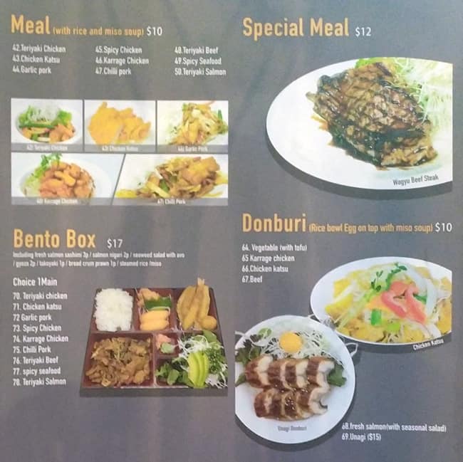 Menu at Boom Sushi restaurant, Mascot