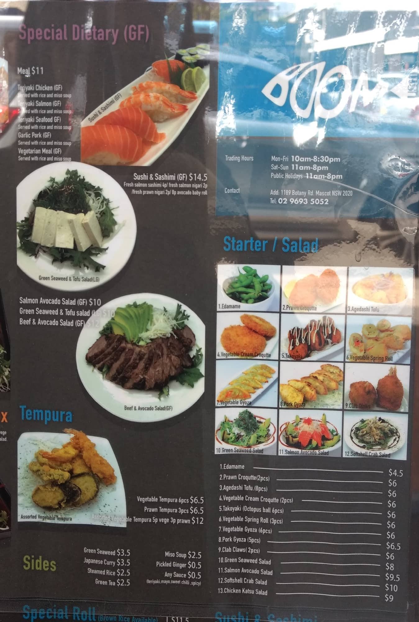 Menu at Boom Sushi restaurant, Mascot