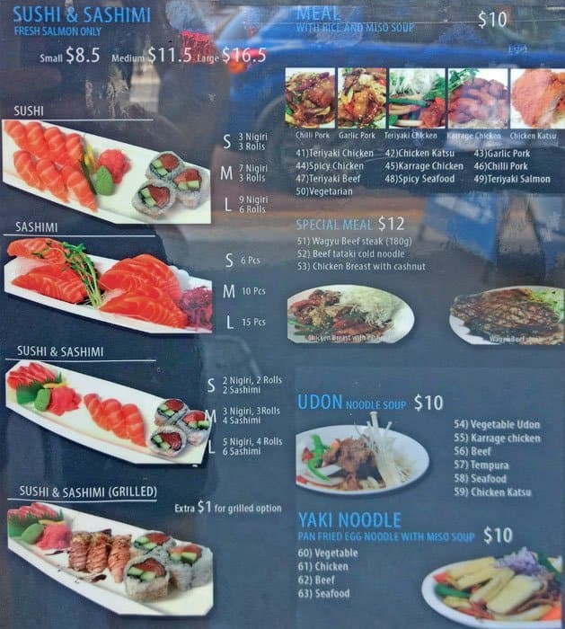 Menu at Boom Sushi restaurant, Mascot