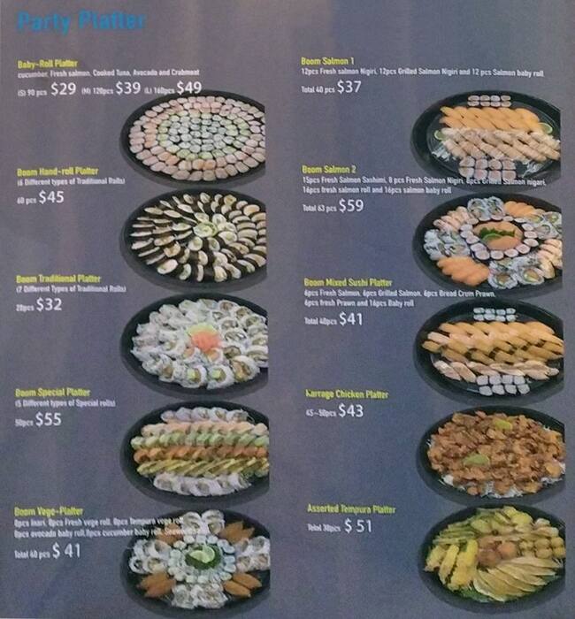 Menu at Boom Sushi restaurant, Mascot