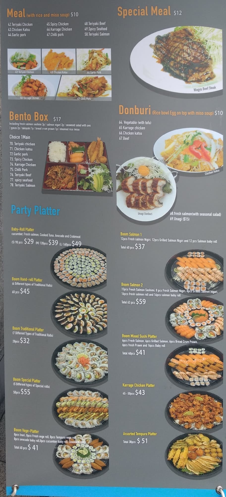 Menu at Boom Sushi restaurant, Mascot