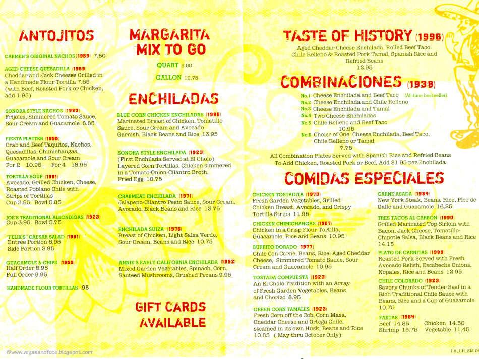 Menu at El Cholo - The Original pub & bar, Los Angeles, S Western Ave