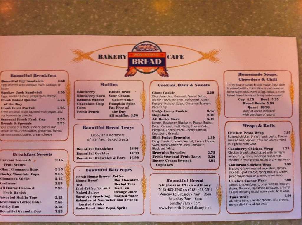 Menu at Bountiful Bread cafe, Albany, Western Ave