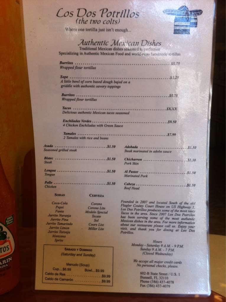 Menu at Los Dos Potrillos Mexican Restaurant, Bunnell