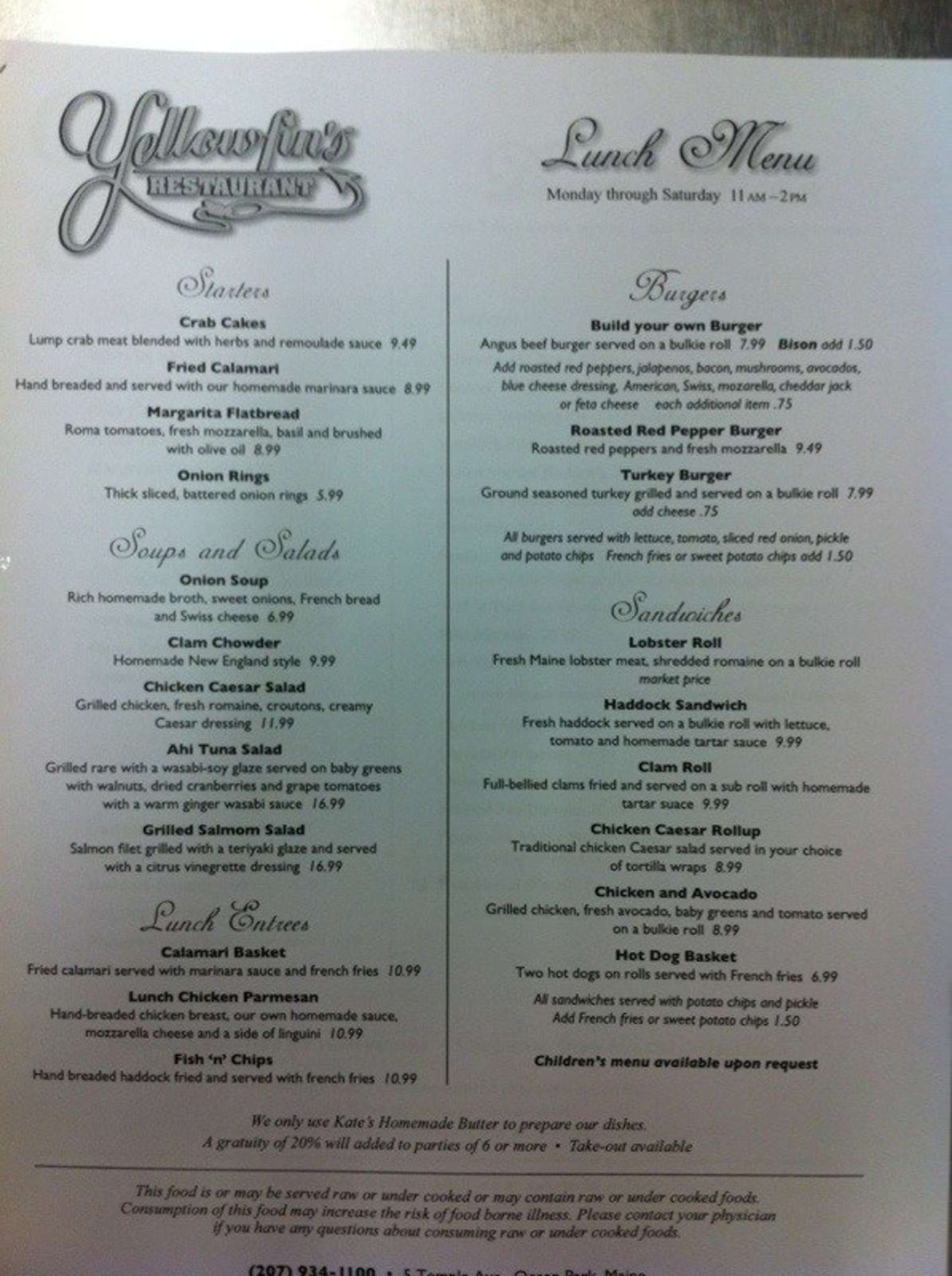 Menu at Yellowfin's restaurant, Old Orchard Beach