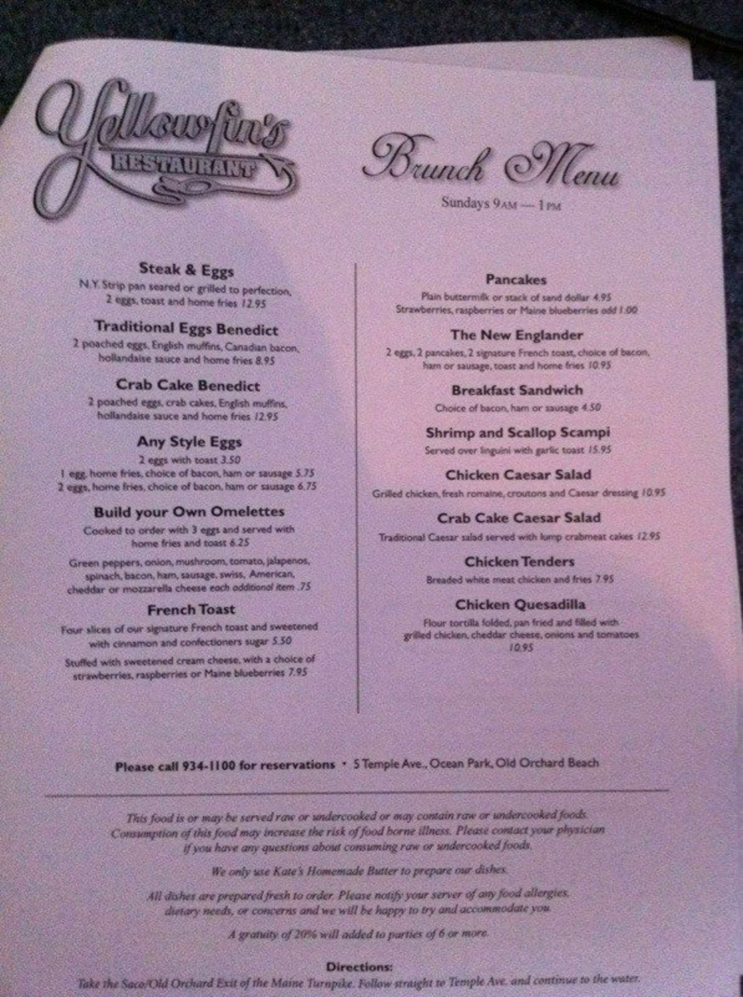 Menu at Yellowfin's restaurant, Old Orchard Beach