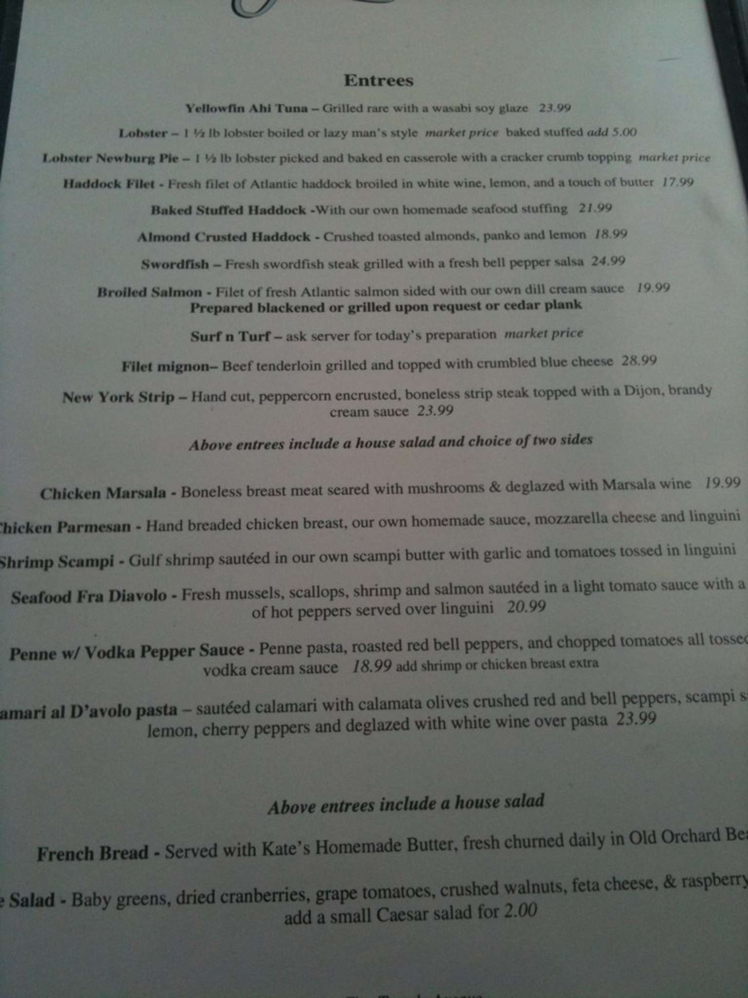 Menu at Yellowfin's restaurant, Old Orchard Beach