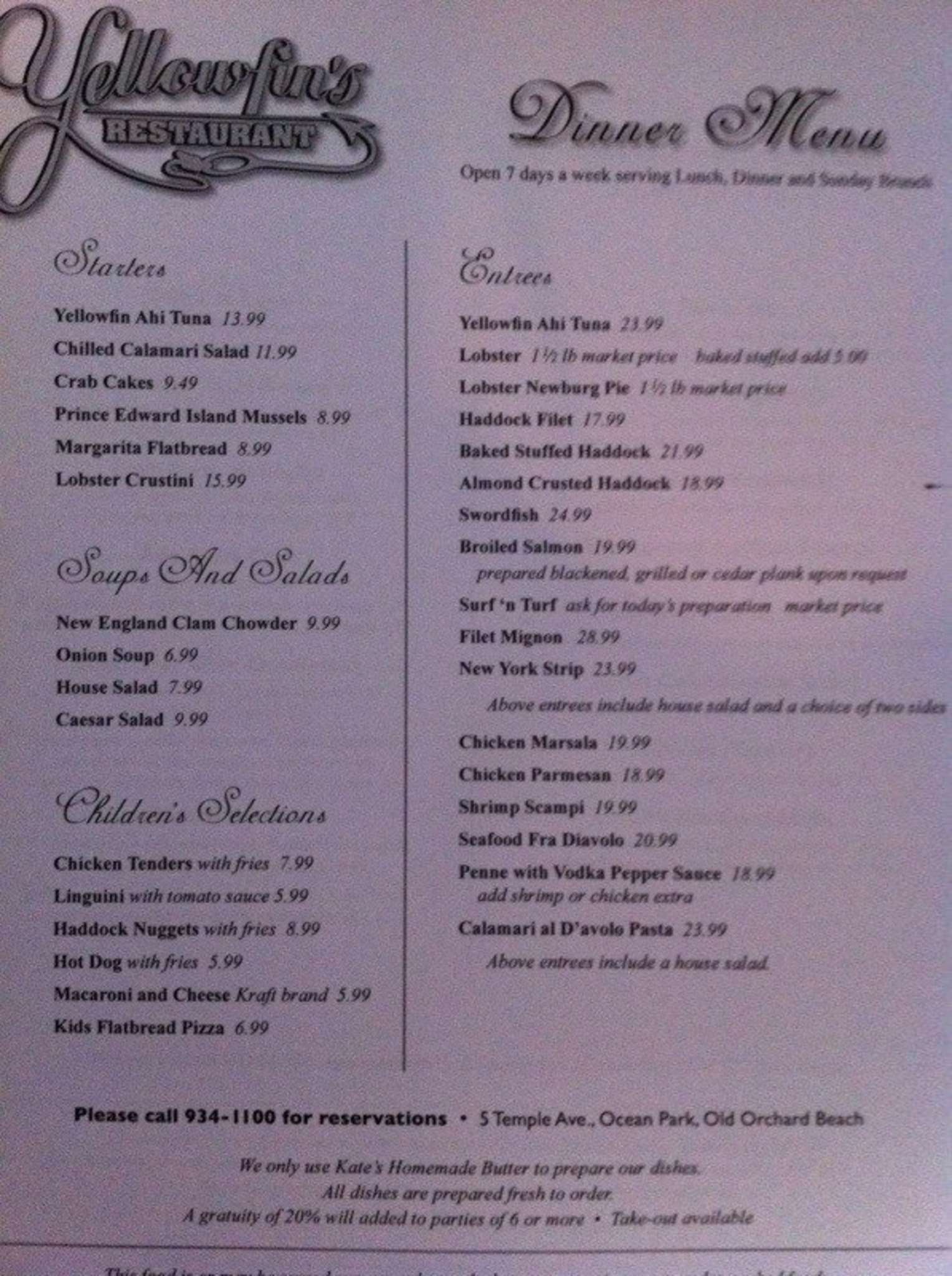 Menu at Yellowfin's restaurant, Old Orchard Beach