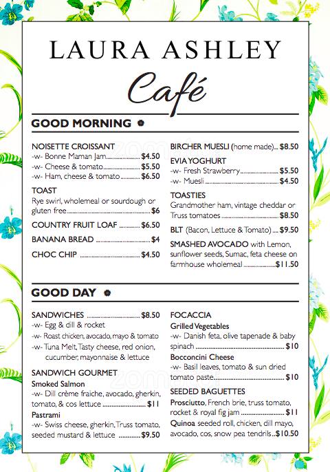 Menu at Cafe Laura Ashley, South Melbourne