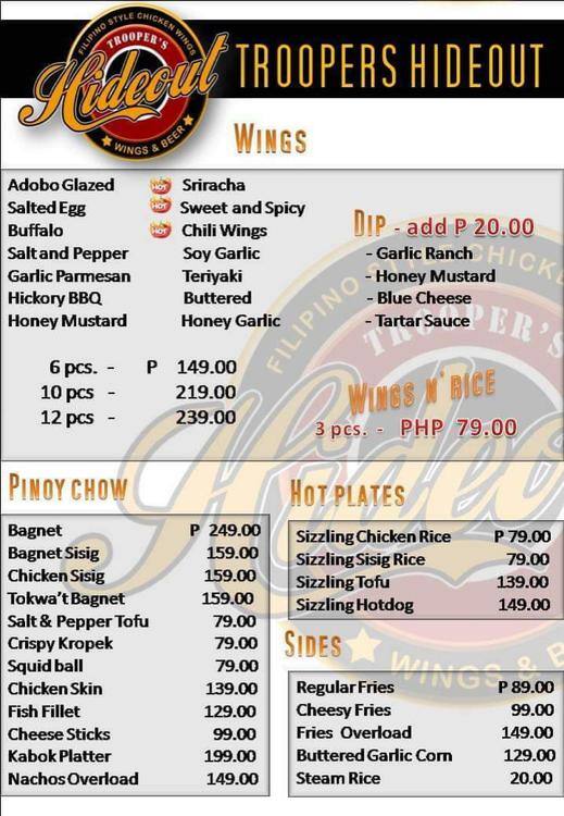 Menu at Troopers Hideout Bar and Resto, San Juan