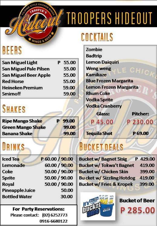 Menu at Troopers Hideout Bar and Resto, San Juan