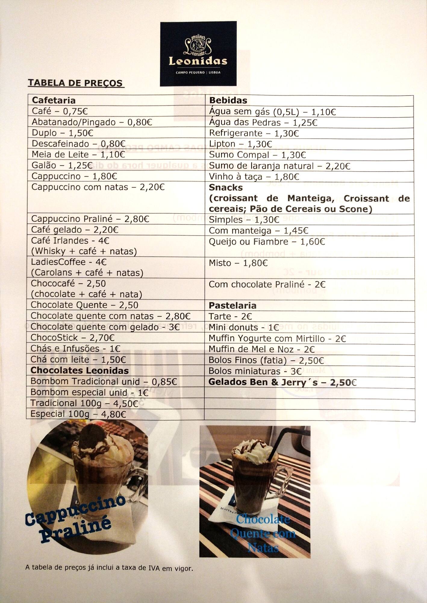 Menu at Leonidas Chocolate & Café, Lisbon