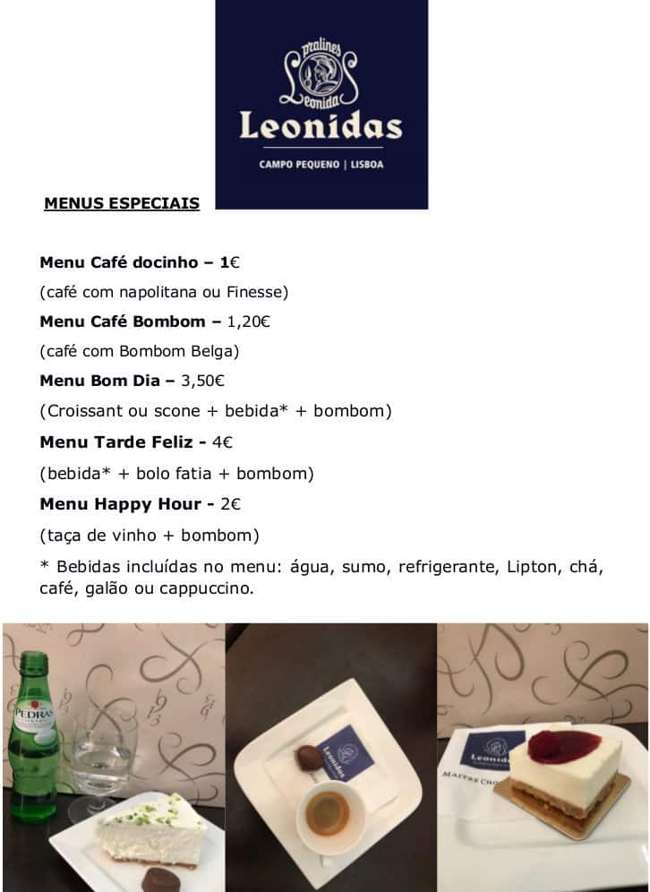 Menu at Leonidas Chocolate & Café, Lisbon