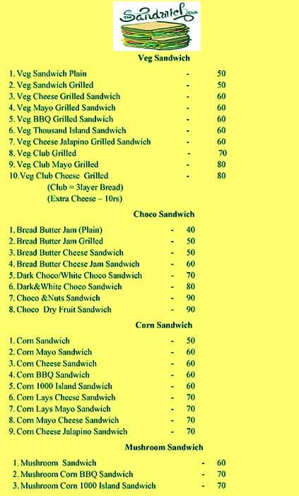 Menu at The Sandwich Club, Coimbatore