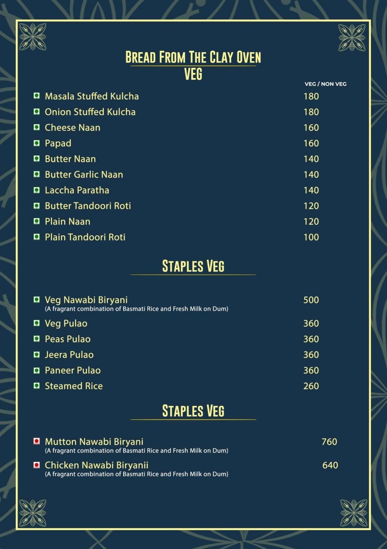 Menu at Wafira, Kolkata