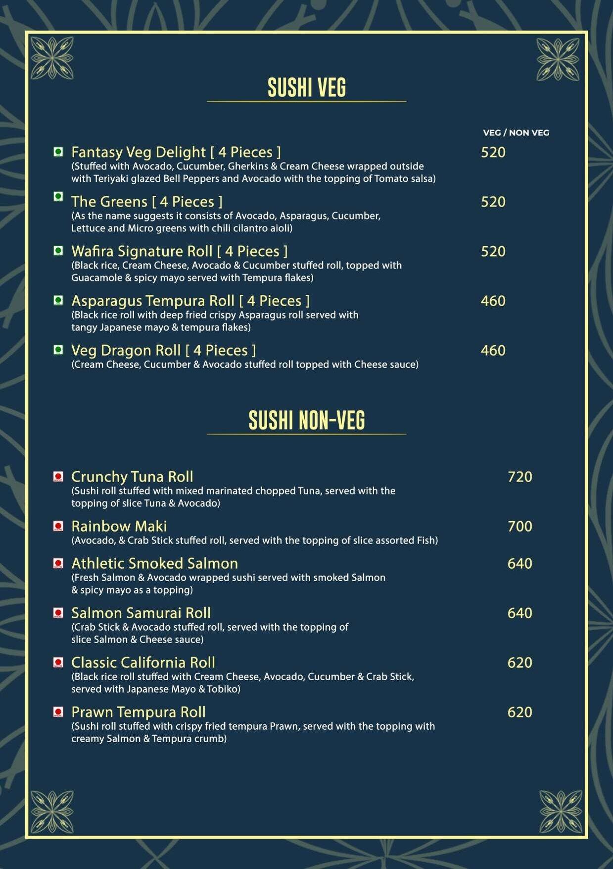 Menu at Wafira, Kolkata