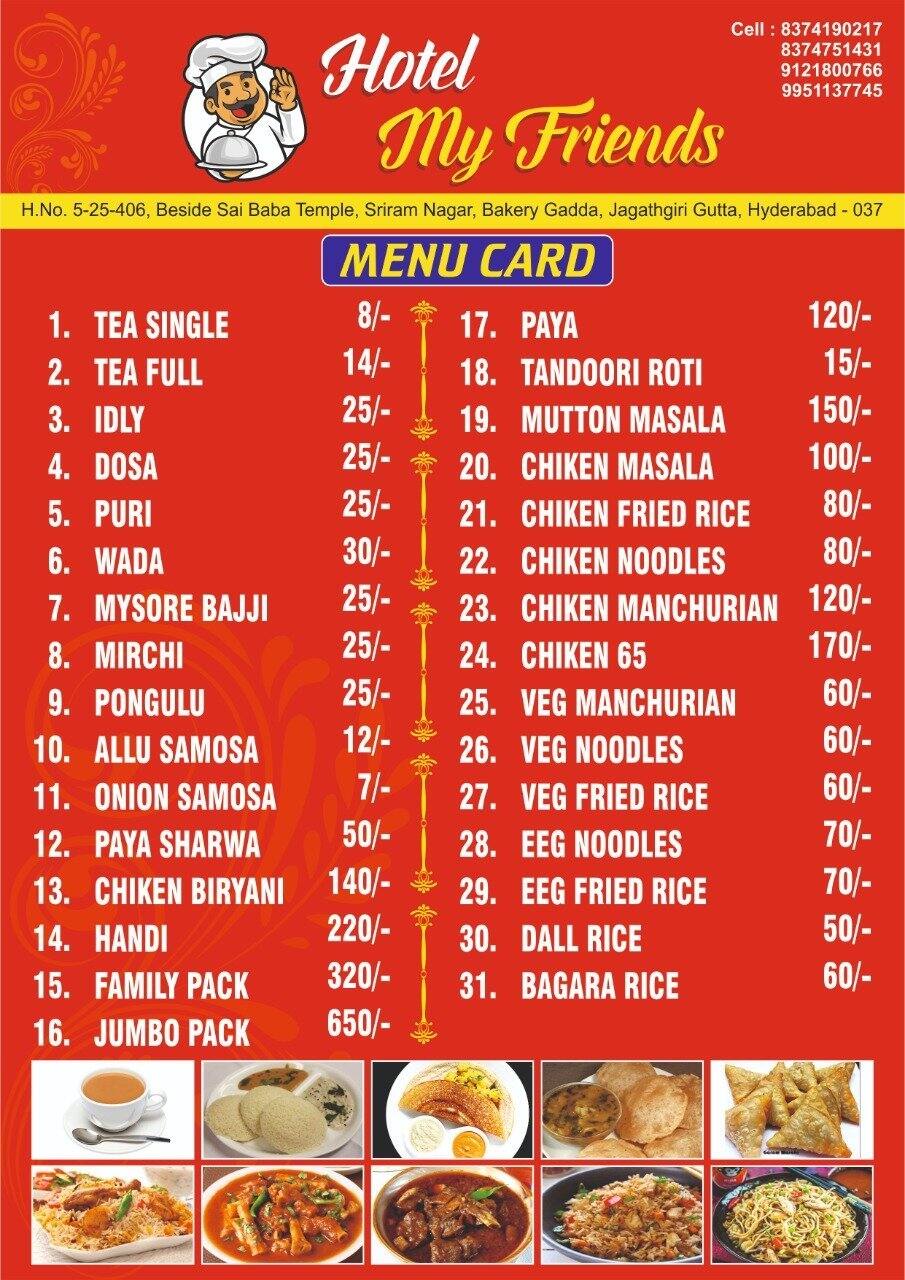Menu of Hotel My Friends, Kukatpally, Hyderabad