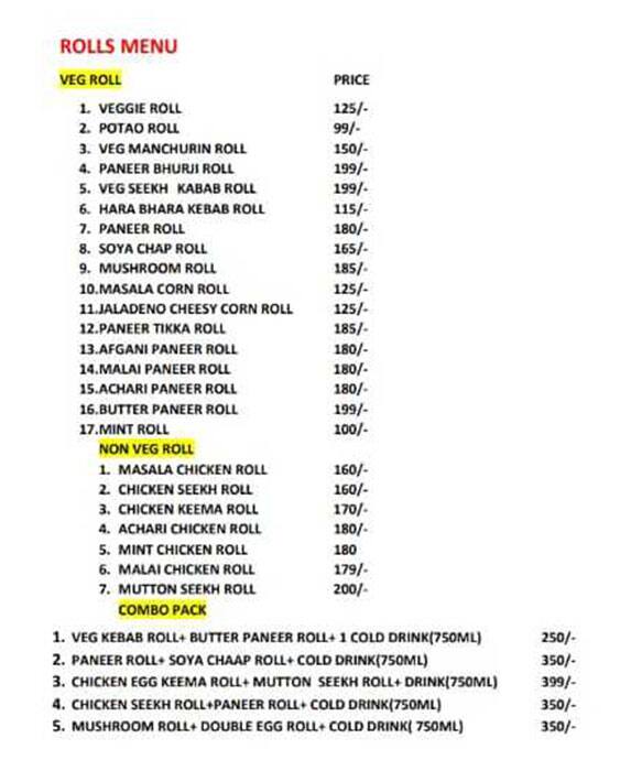 Menu of Yes! Roll, Sector 53, Noida