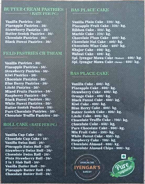 Menu of Bangalore Iyengar Bakery, Cuffe Parade, Mumbai