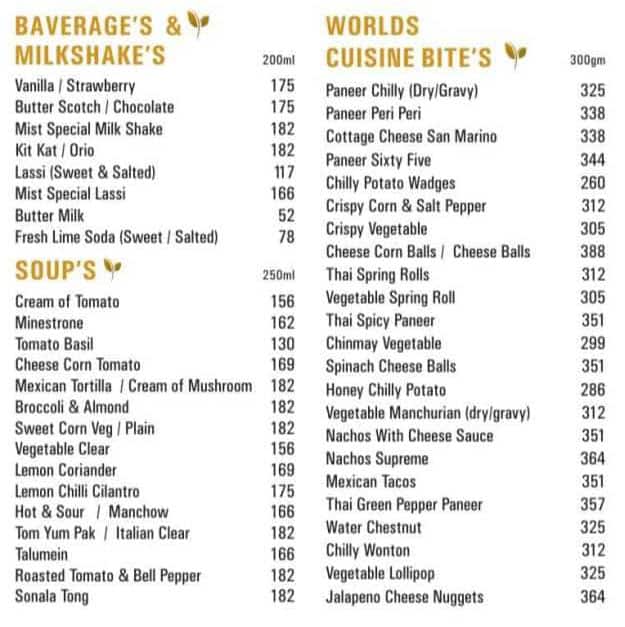 Menu of The Mist, Vastral, Ahmedabad