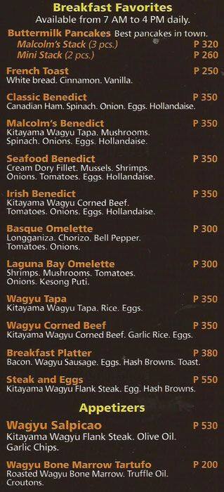Menu at Malcolms restaurant, Quezon City