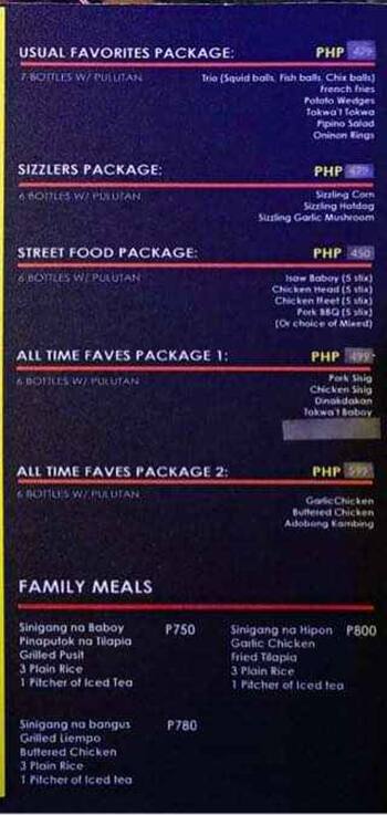 Menu at Blitz Bar, Quezon City
