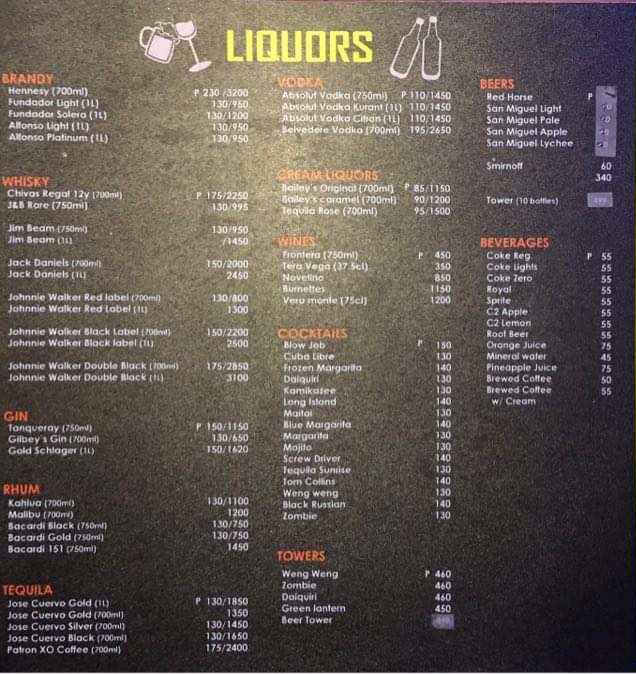 Menu at Blitz Bar, Quezon City
