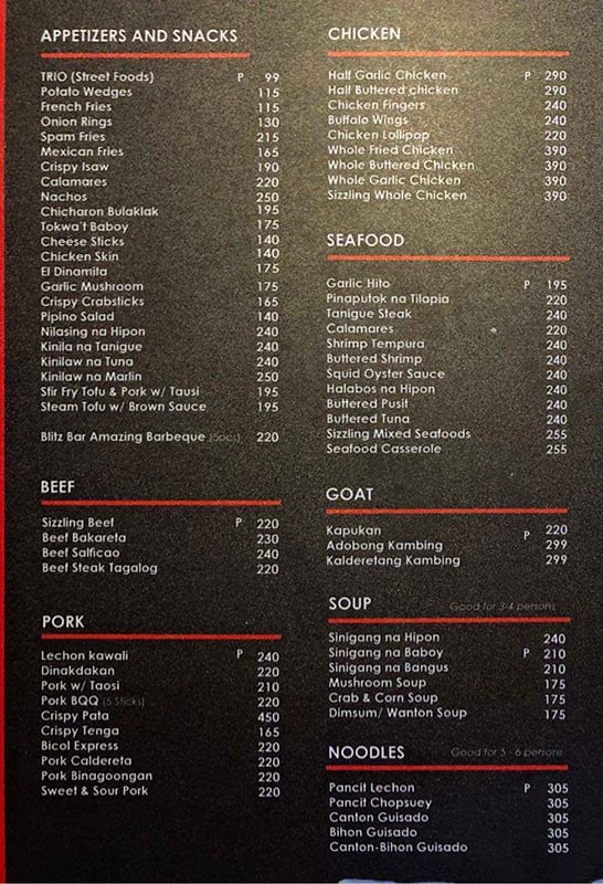 Menu at Blitz Bar, Quezon City