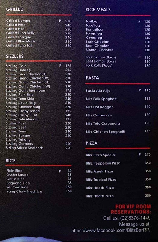 Menu at Blitz Bar, Quezon City