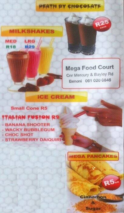 Menu at Mega Food Court restaurant, Benoni