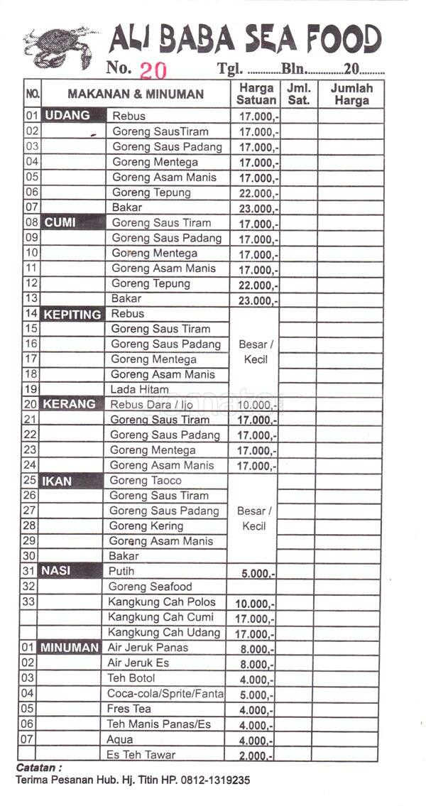 Menu at Alibaba Seafood restaurant, South Jakarta, Bintaro 9 Walk