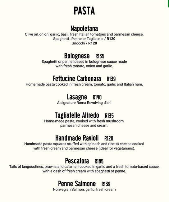 Menu at Roma Revolving Restaurant, Durban
