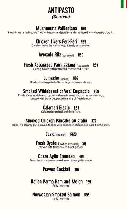 Menu at Roma Revolving Restaurant, Durban