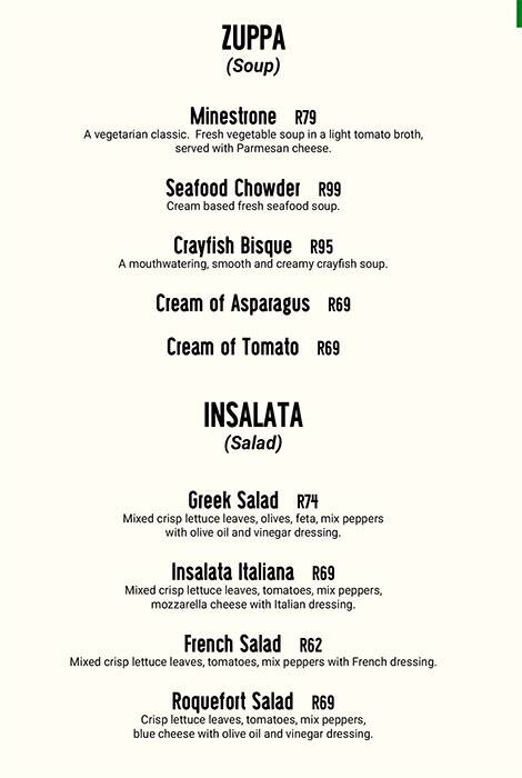 Menu au Roma Revolving Restaurant, Durban