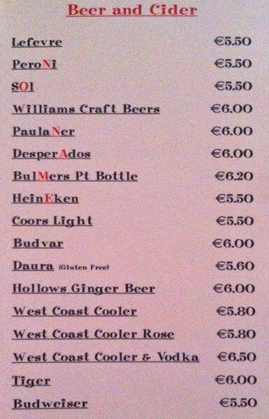 Carta de The Bar With No Name, Dublin