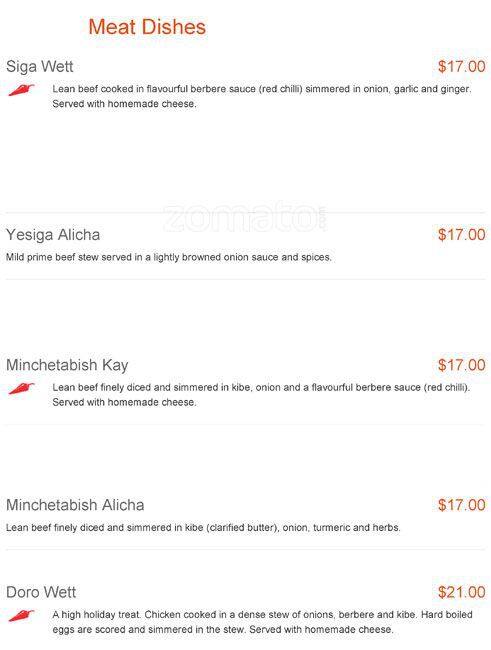 Menu at Addis Ababa Cafe, West Hindmarsh