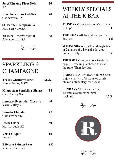 Menu at R bar, Waikiki