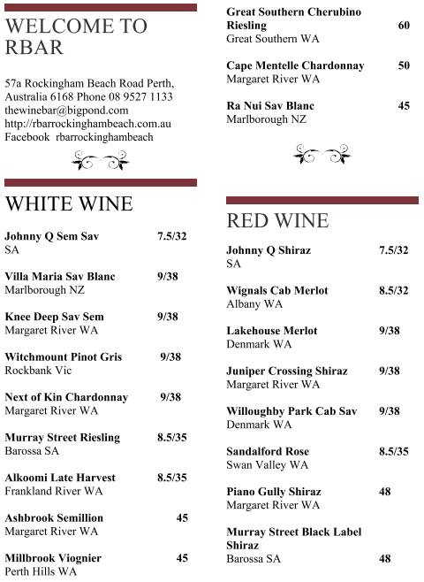 Menu at R bar, Waikiki