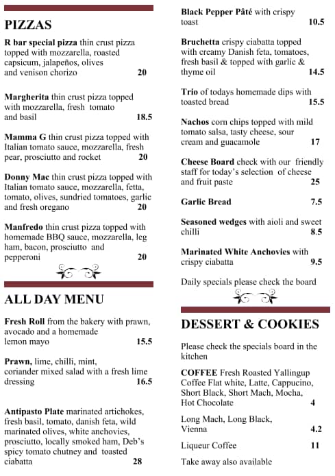 Menu at R bar, Waikiki